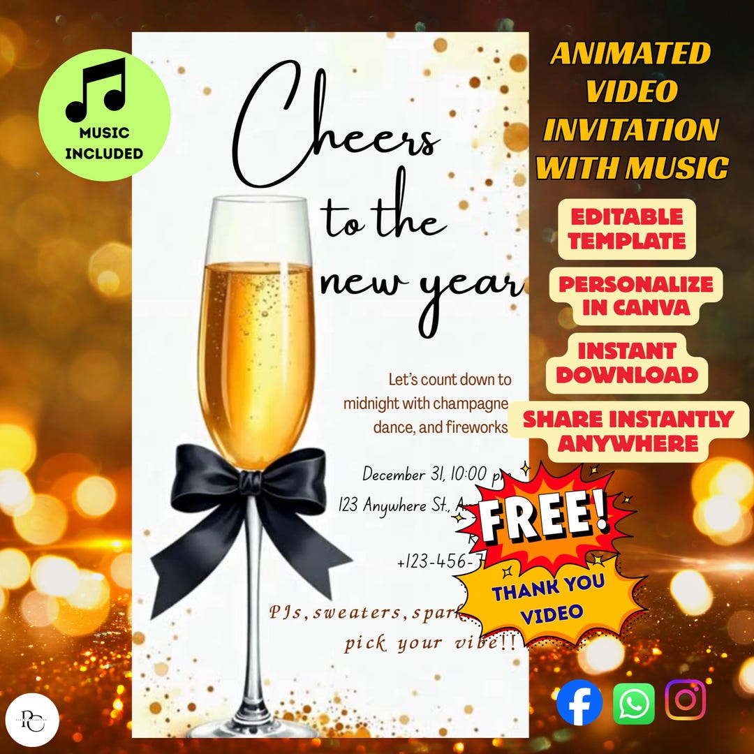 Animated Champagne Toast New Year's Eve Invitation Video (digital) - Etsy