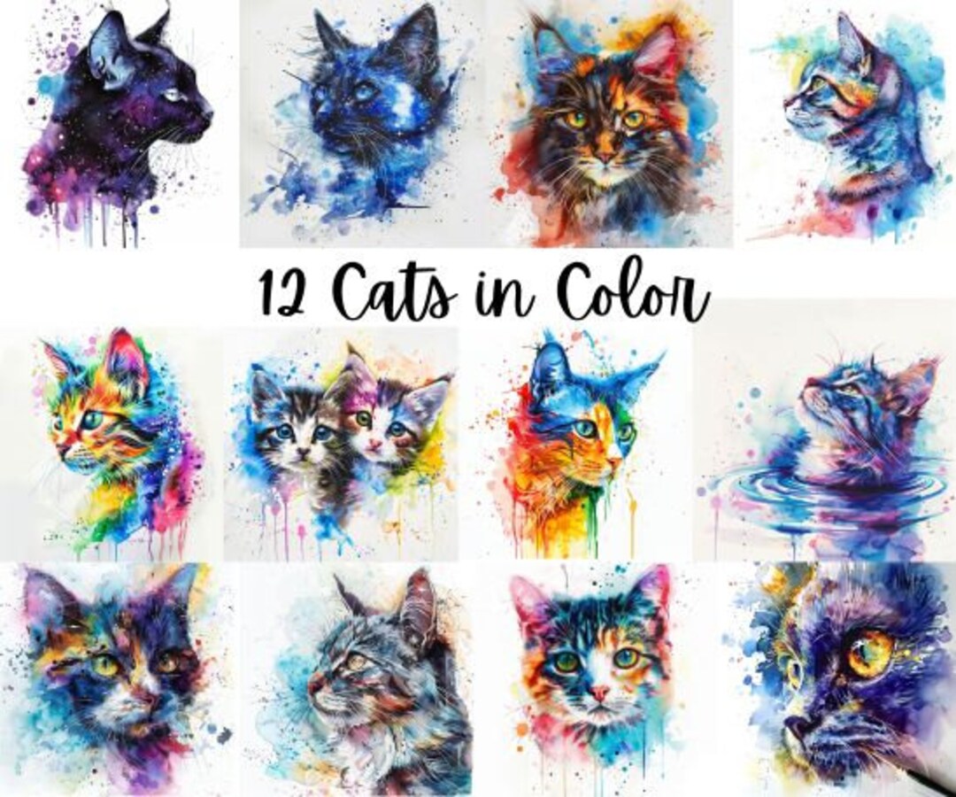 12 Cats Clipart, Printable Watercolor Clipart, High Quality Jpgs ...