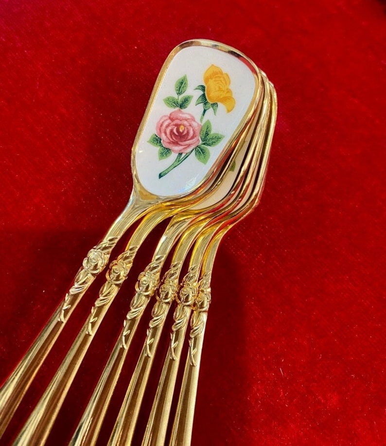 Set of 6 Gold Tone Stainless Steel Teaspoons With Enamel Rose Floral ...