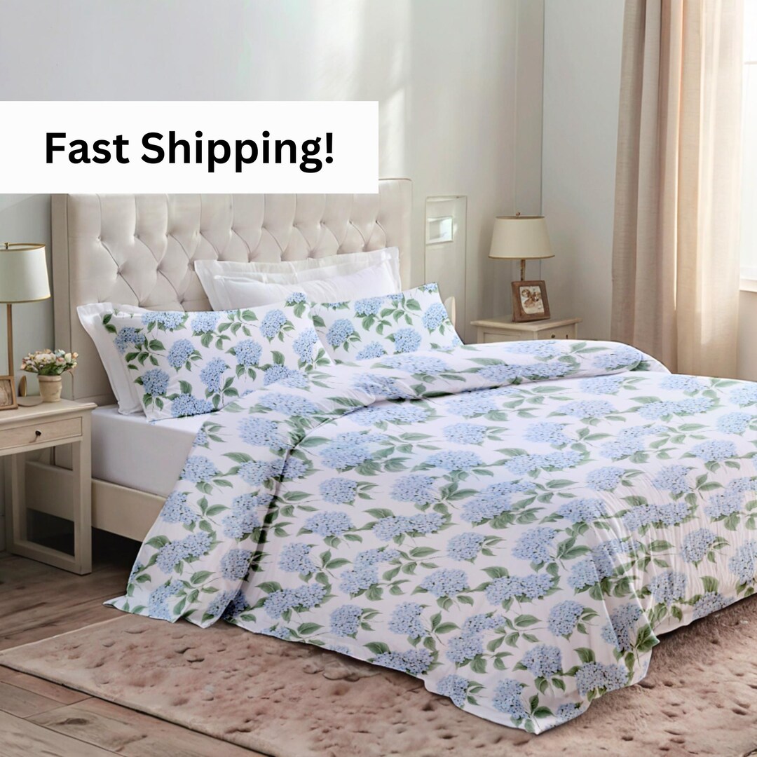 Blue Hydrangea Bedding Set 3 Piece Floral Queen Size Cotton Linen ...