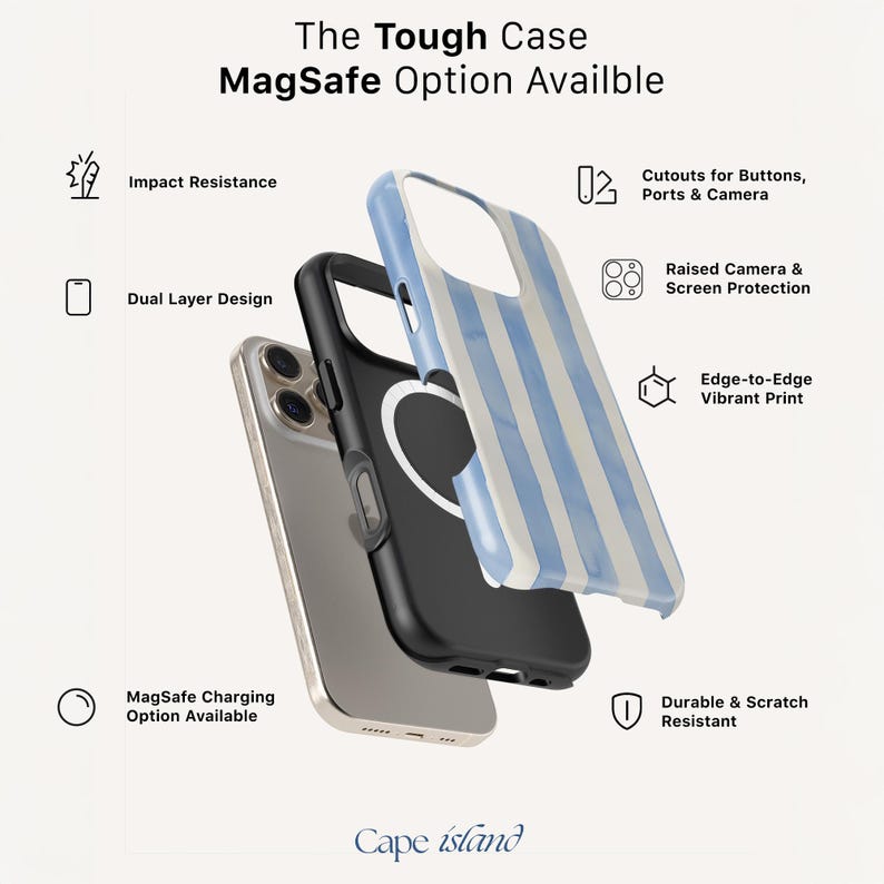 OCEAN BLUE Striped Magsafe iPhone Case – Beachy Coastal Tough Cover for iPhone 16 15 14 13 12 11 ...