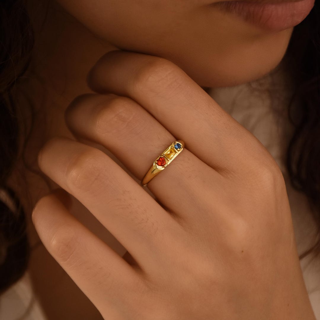 Custom Gemstone Signet Ring • Birthstone Ring With Heart • Baguette & Circle Birthstones• Gifts ...