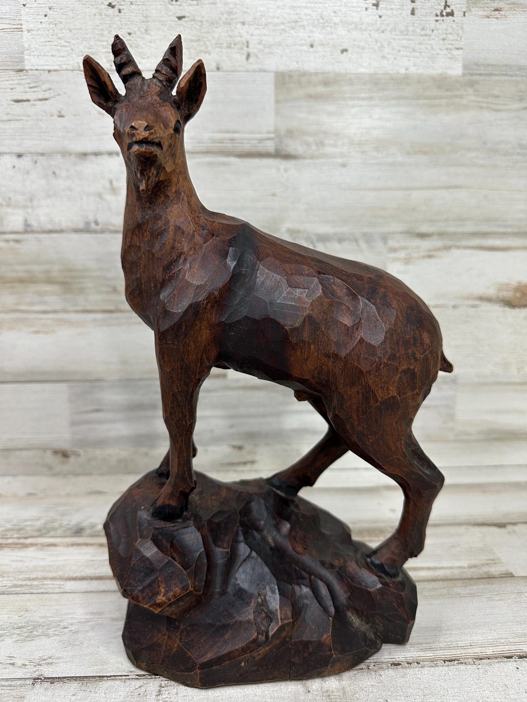 Wooden Hand Carved Mountain Goat 1980s Dark Stain Rustic Mid Century ...