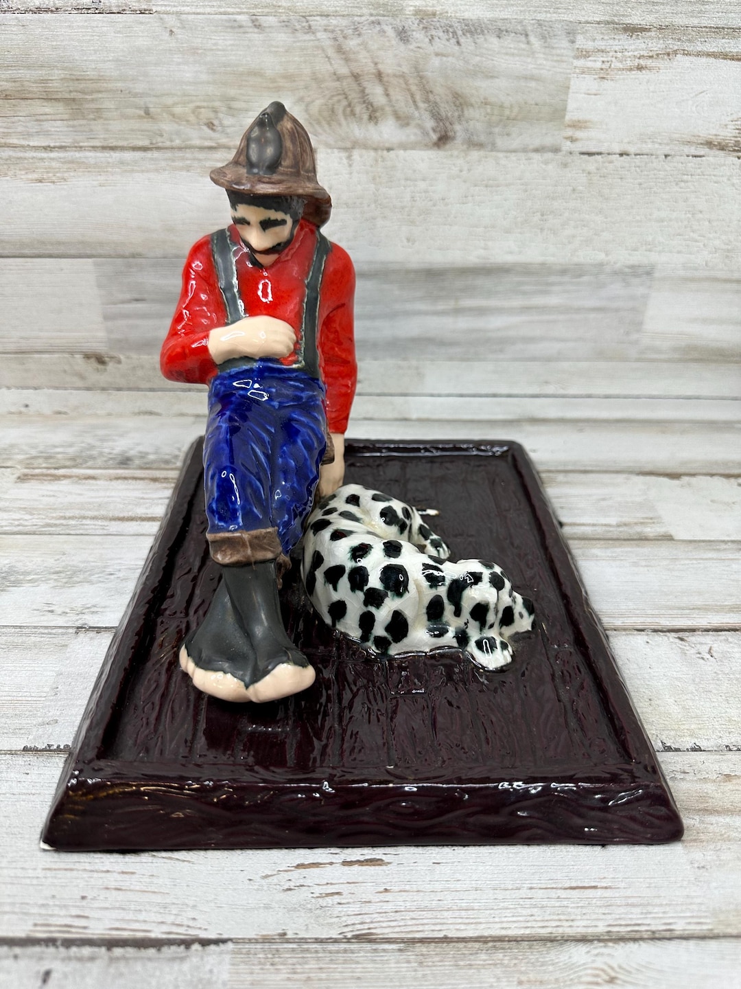 Hand Painted Sleeping Firefighter With Dog Custom Piece Ceramic 9 X 7 X ...