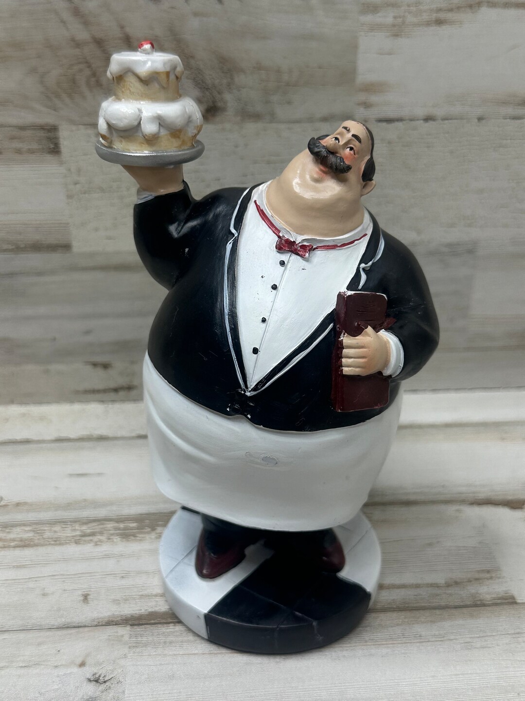 Happy Chef Fat Chef Collectable Figurine Holding Cake Menu Black White ...