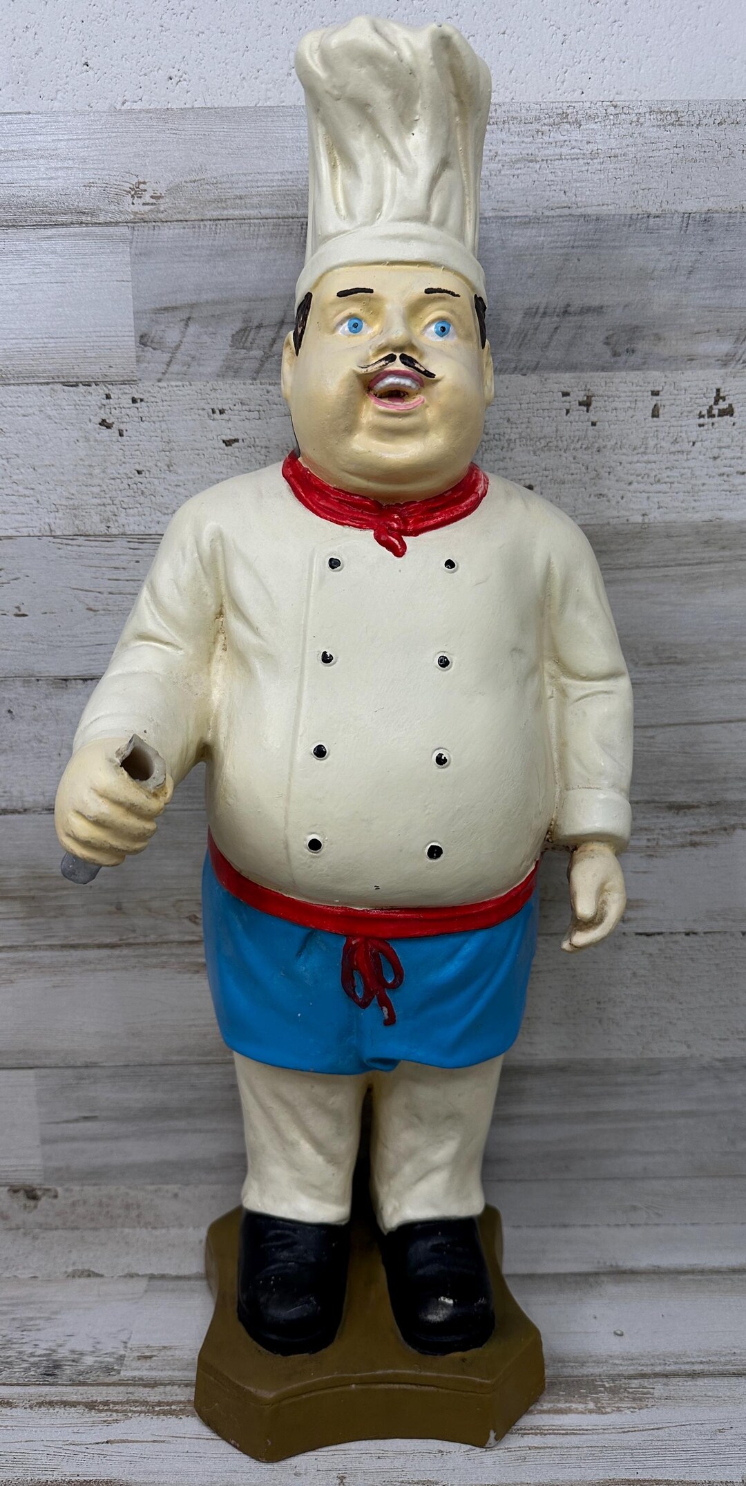 Fat Chef Happy Chef 1980s Tall Statue Figurine Traditional Outfit Blue ...