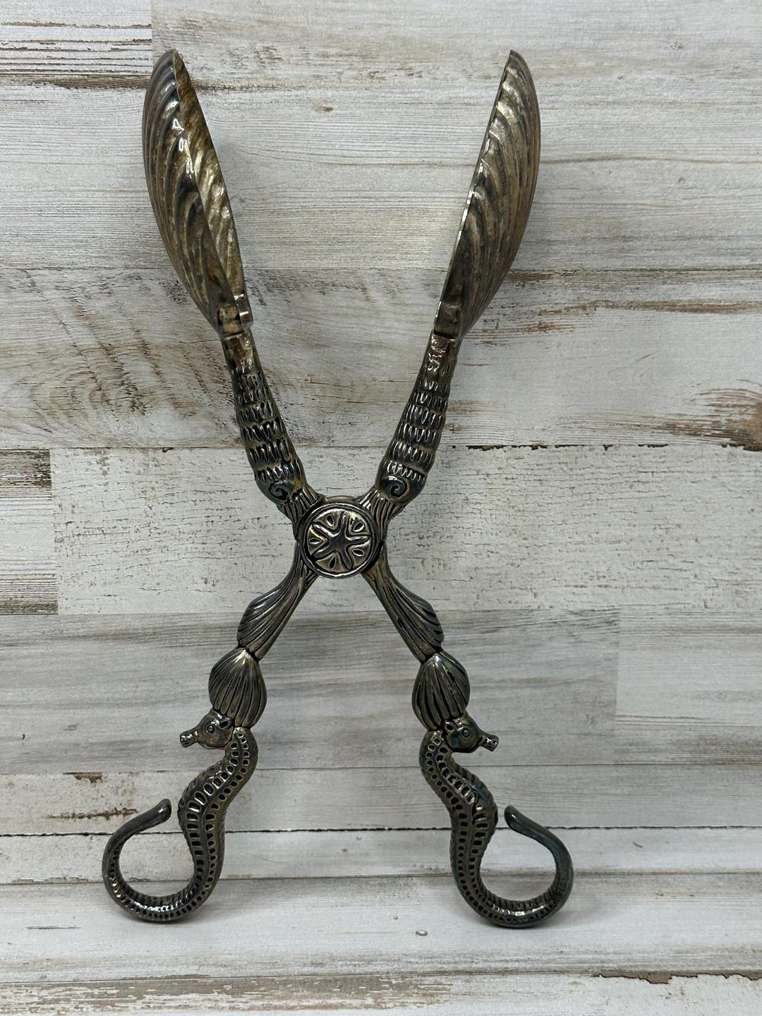 Godinger Silver Plate Seahorse and Clam Shell Serving Tongs Ocean ...