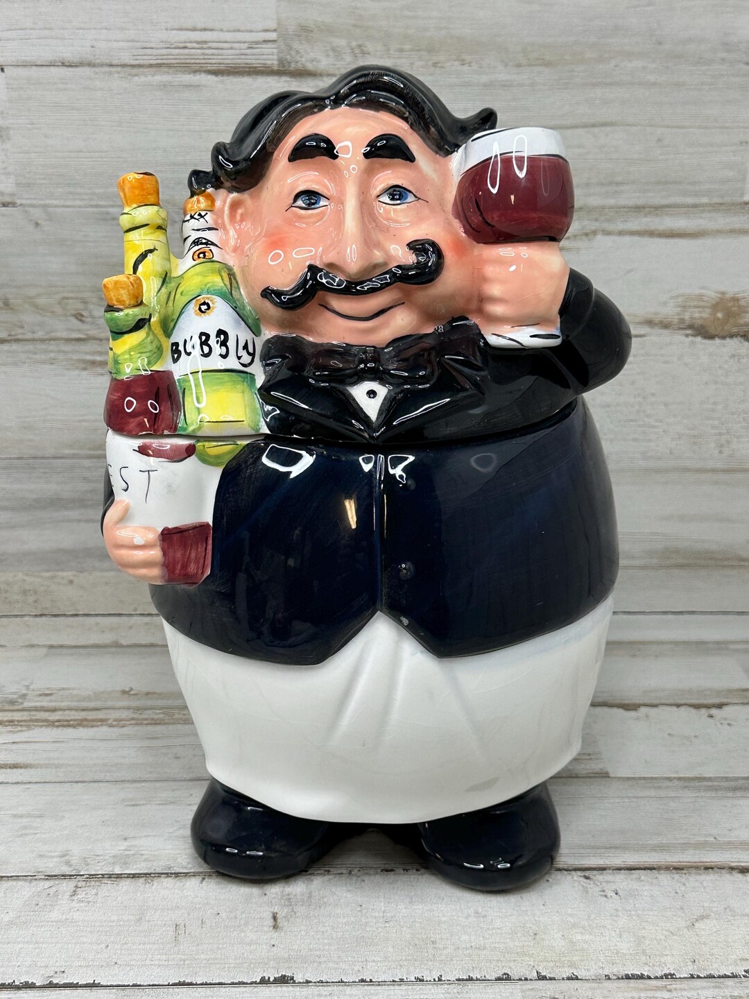 Fat / Happy Chef Cookie Jar Wine Glass Bubbly Ceramic Stamped JIC ...