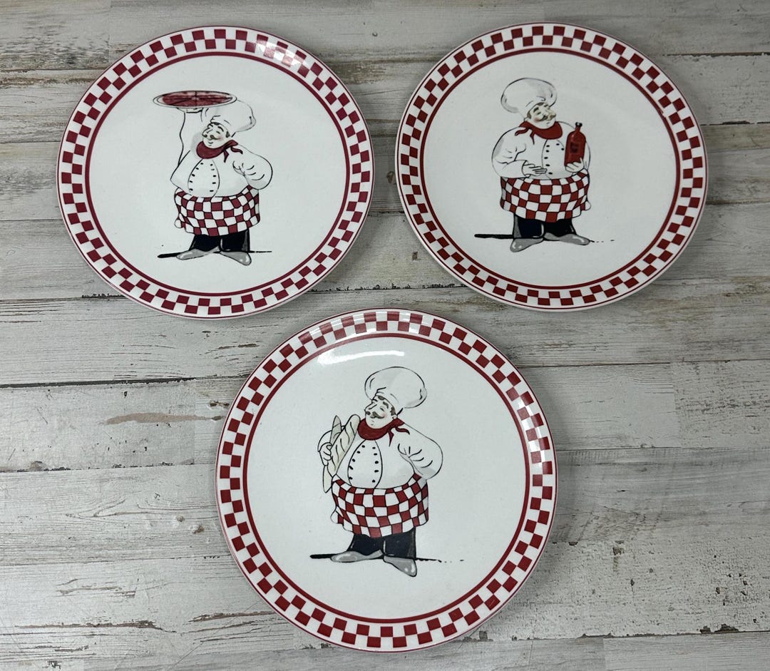 Fat / Happy Chef Italian Decorative Set of 3 Plates Red Checkers 1990's ...