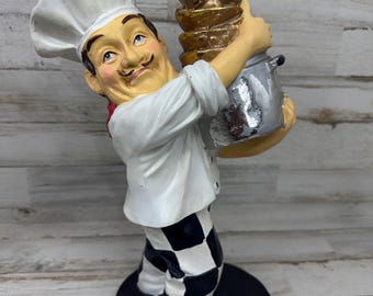 Fat Chef / Happy Chef Figurine Holding Pan Checkered Outfit Tall Hat ...