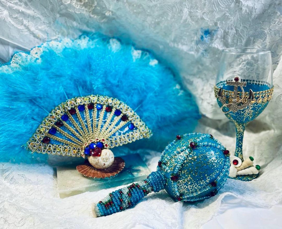 Yemaya Asesu Set: Hand Fan, Goblet & Maraca - Etsy