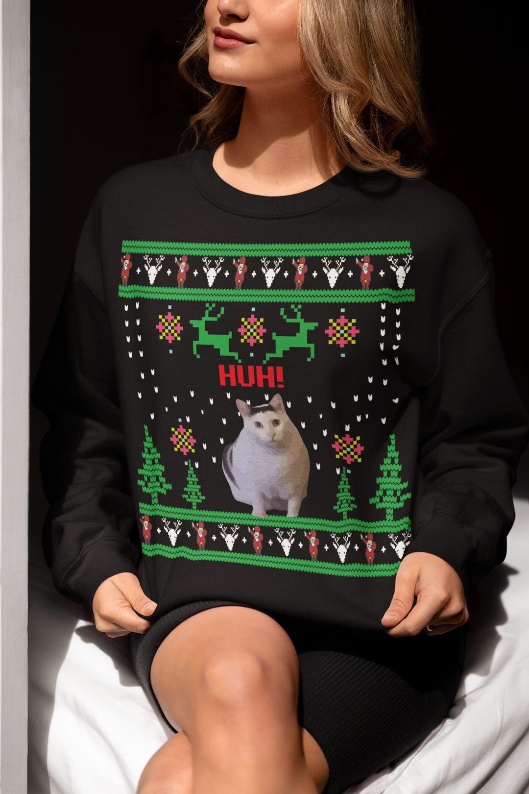 Huh Cat Meme, Popular Internet Meme CAT DAY Christmas Sweater ...