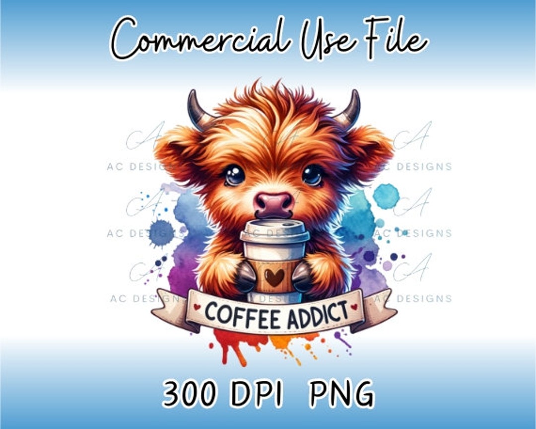 Coffee Addict Png, Cute Baby Highland Cow Png, Coffee Png, Watercolour ...