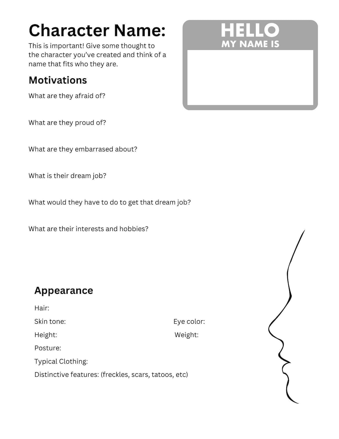 Create a Character Worksheet - Etsy
