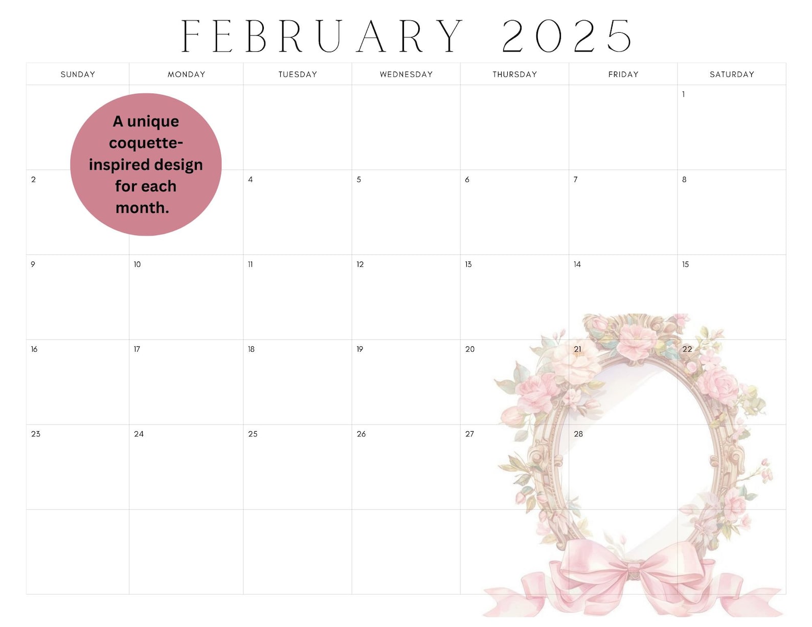 Printable 2025 Coquette-theme Monthly Calendar Elegant and Demure ...
