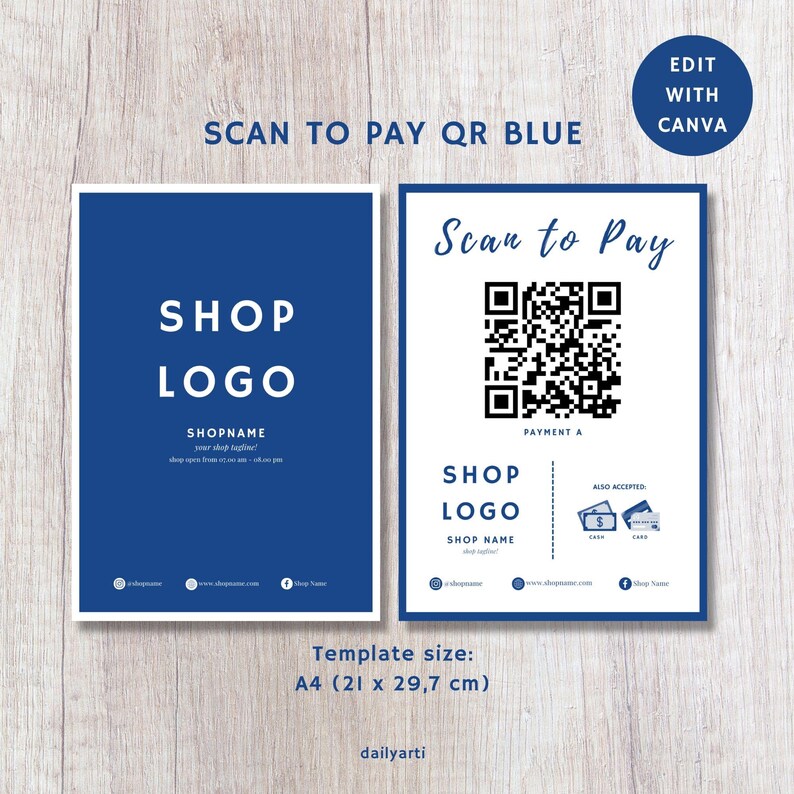 Scan to Pay QR Template Printable Canva, Minimalist Blue, Instant ...