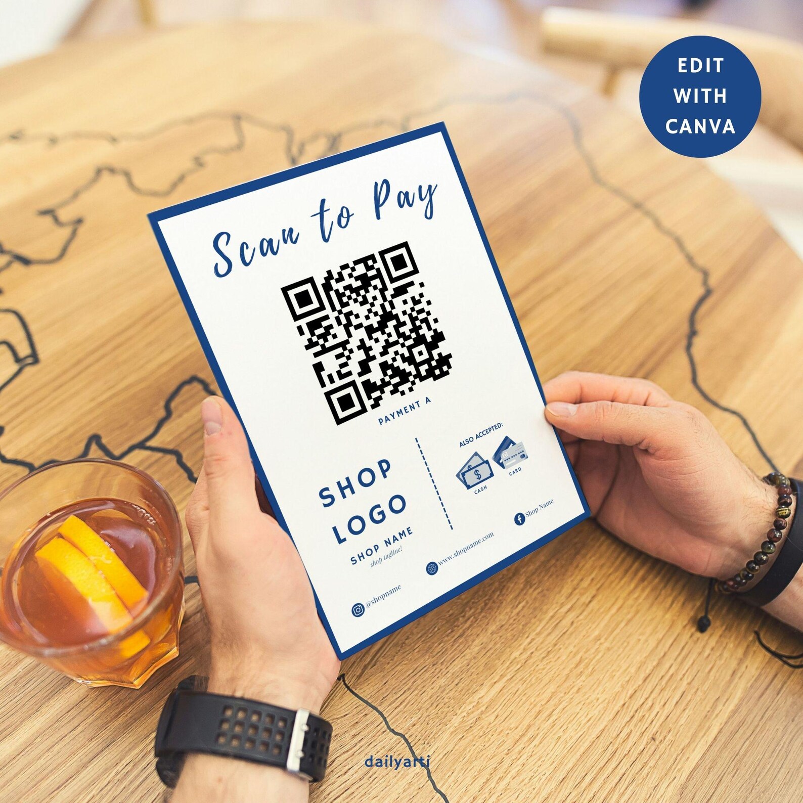 Scan to Pay QR Template Printable Canva, Minimalist Blue, Instant ...