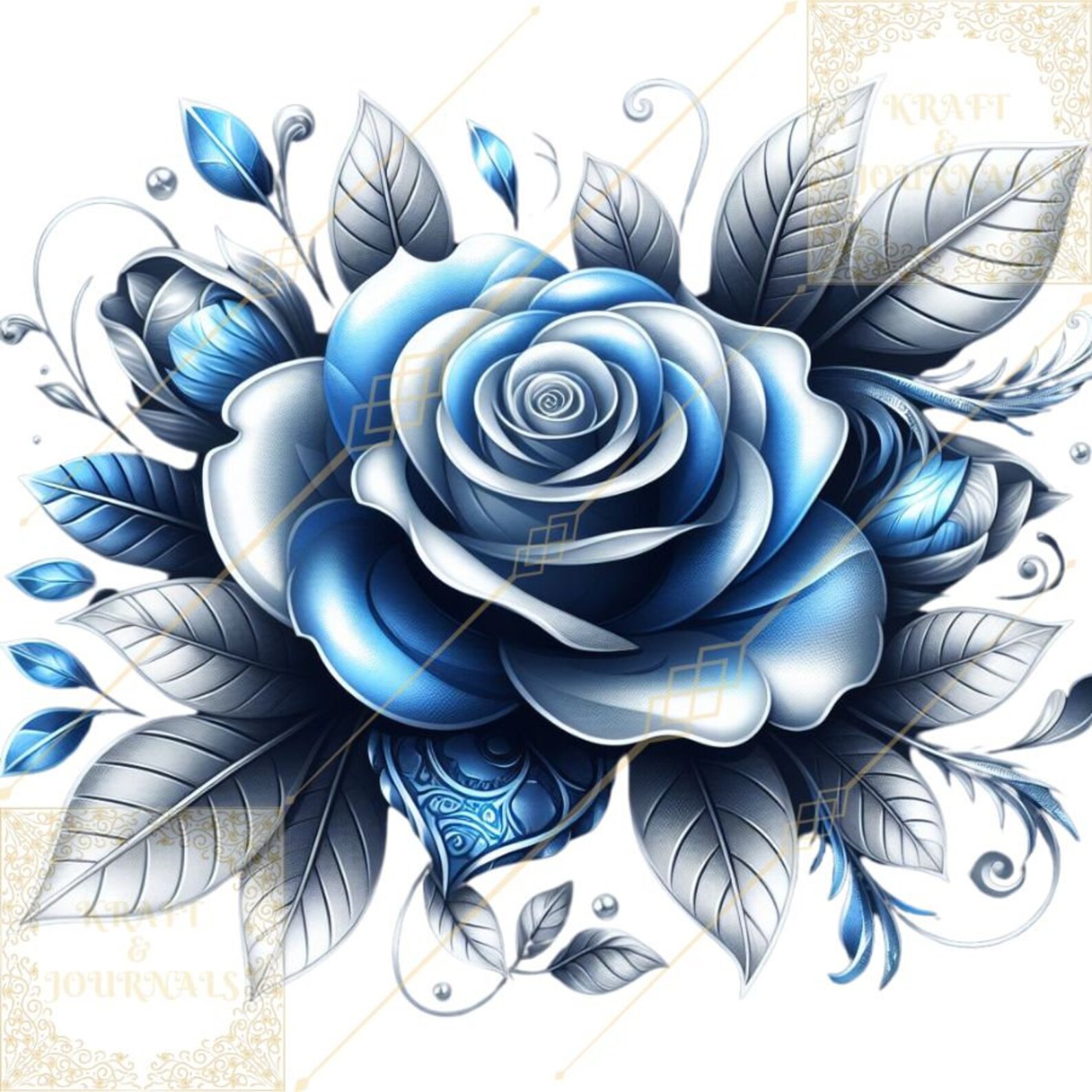 Blue Silver Rose Clipart, Floral, Digital Download Pngs - Etsy