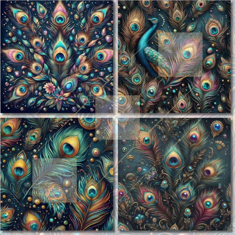 Peacock Feathers Paper, Scrapbook Paper, Blue, Abstract, Junk Journal ...