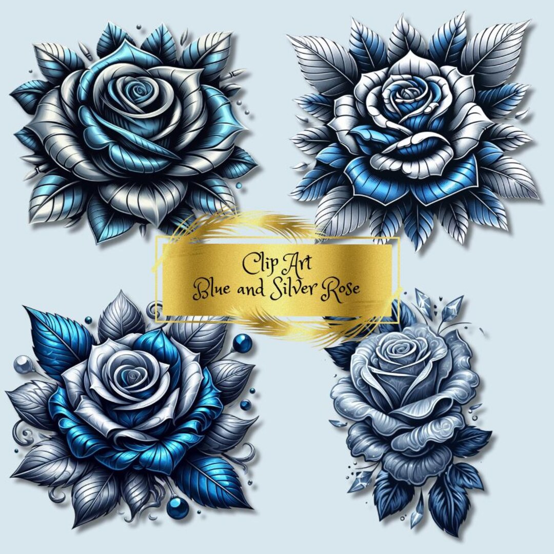 Blue Silver Rose Clipart, Floral, Digital Download Pngs - Etsy