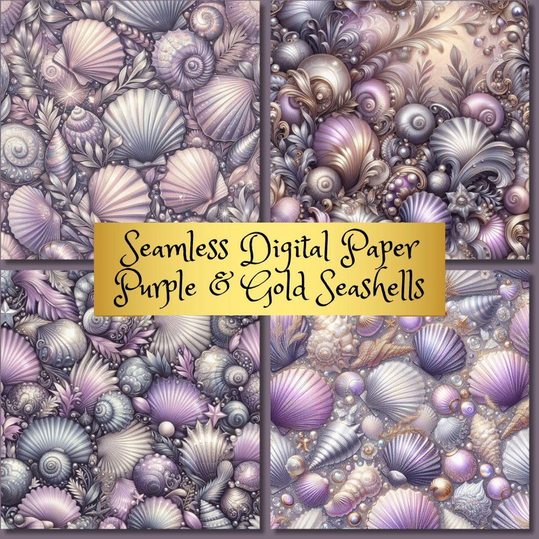 Sea Shells Seamless Scrapbook Paper, Purple, Silver, Digital Download ...