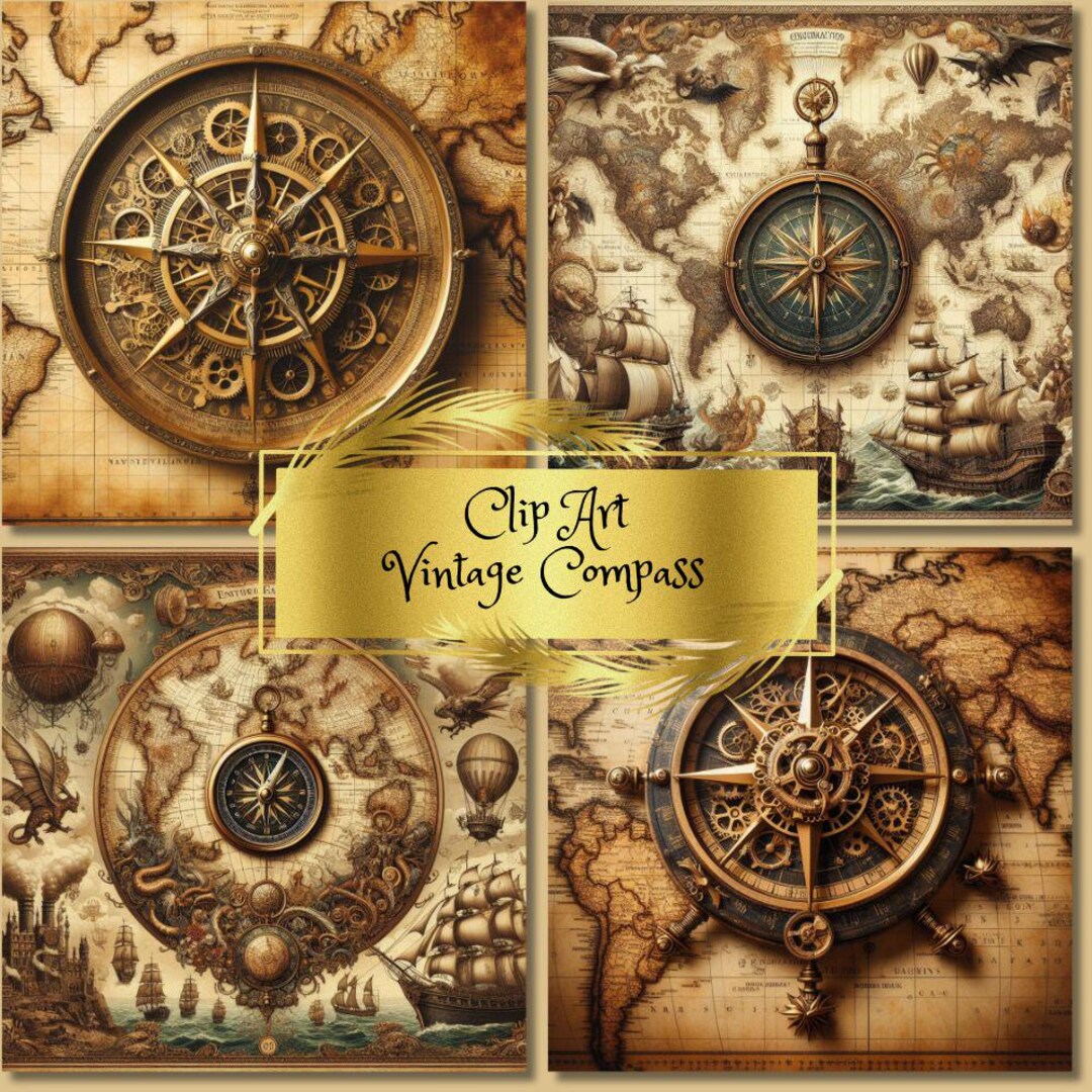 Vintage Compass Clipart, World Map, Compass, Vintage, Digital Download ...