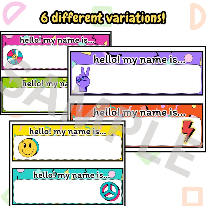 Retro Neon 90's Theme Name Tags Name Labels Back to School Printable ...