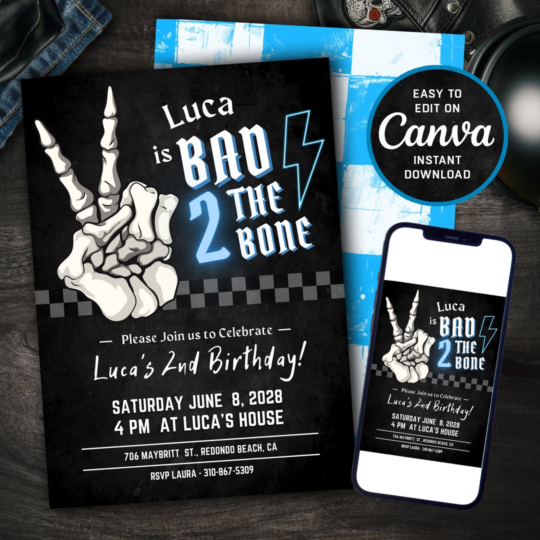 Editable Bad 2 the Bone Birthday Invitation - Bad Two the Bone - 2nd ...
