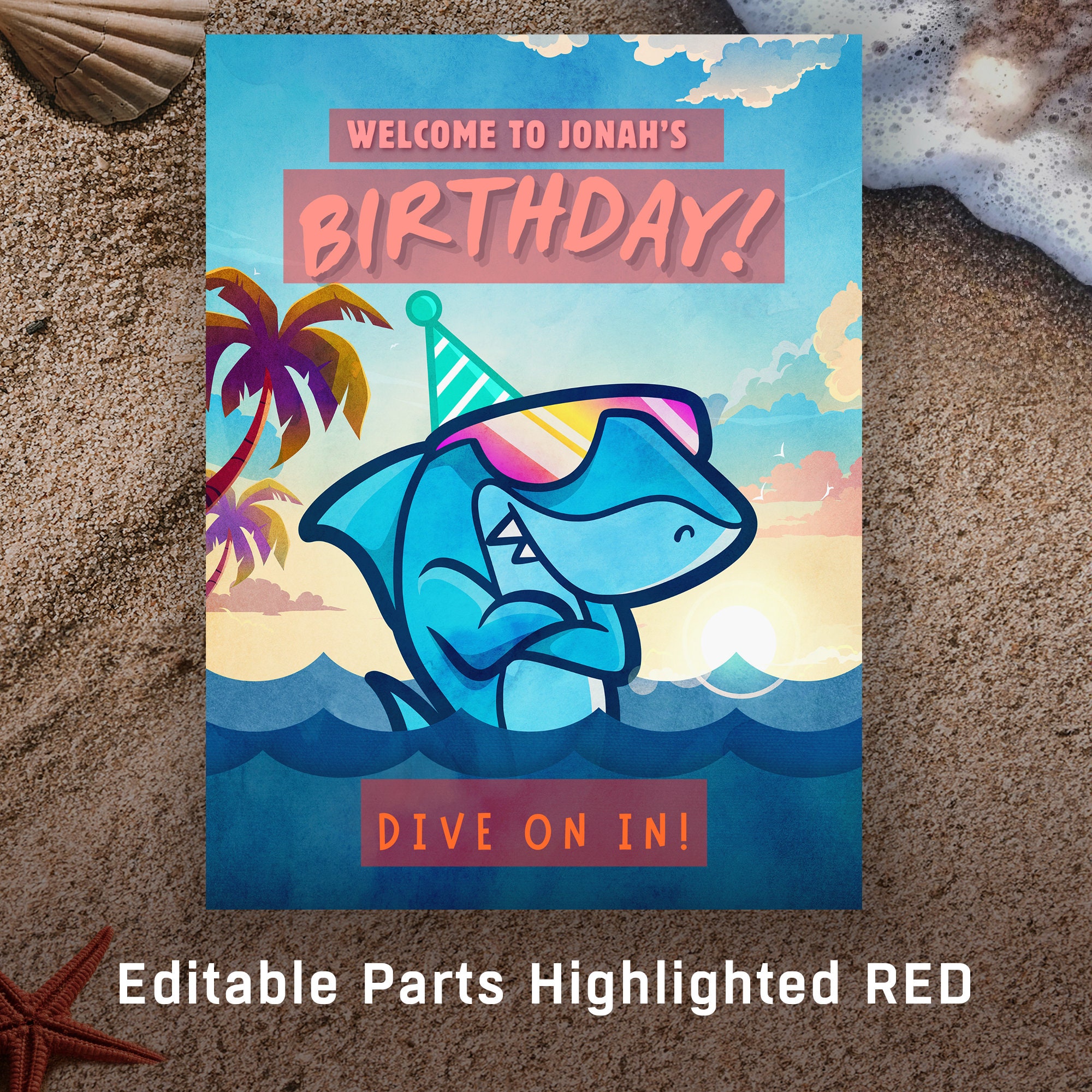 Editable Shark Birthday Welcome Sign - Beach Themed Birthday Invite ...