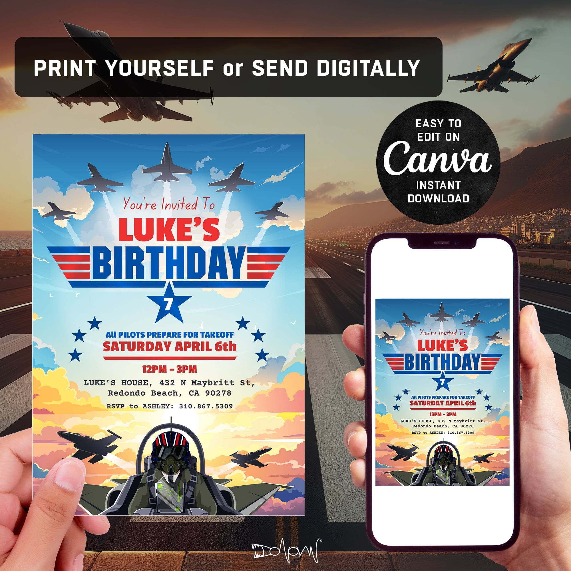 Editable Fighter Pilot Birthday Invitation - Jet Pilot Theme - Digital ...
