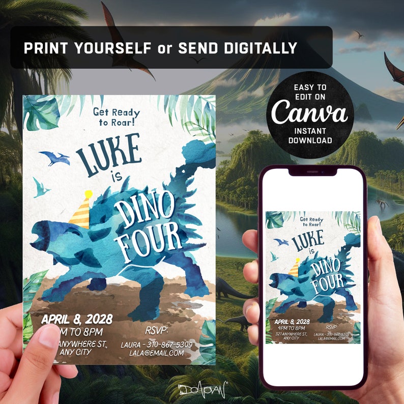 Editable Dino-four Birthday Invitation Watercolor Dinosaur Ankylosaurus ...