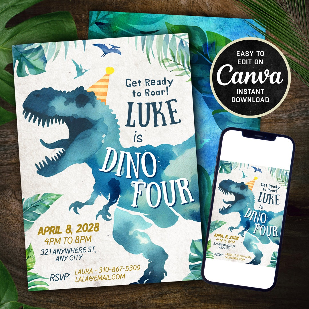 Editable Dino-four Birthday Invitation - Watercolor Dinosaur T-rex ...