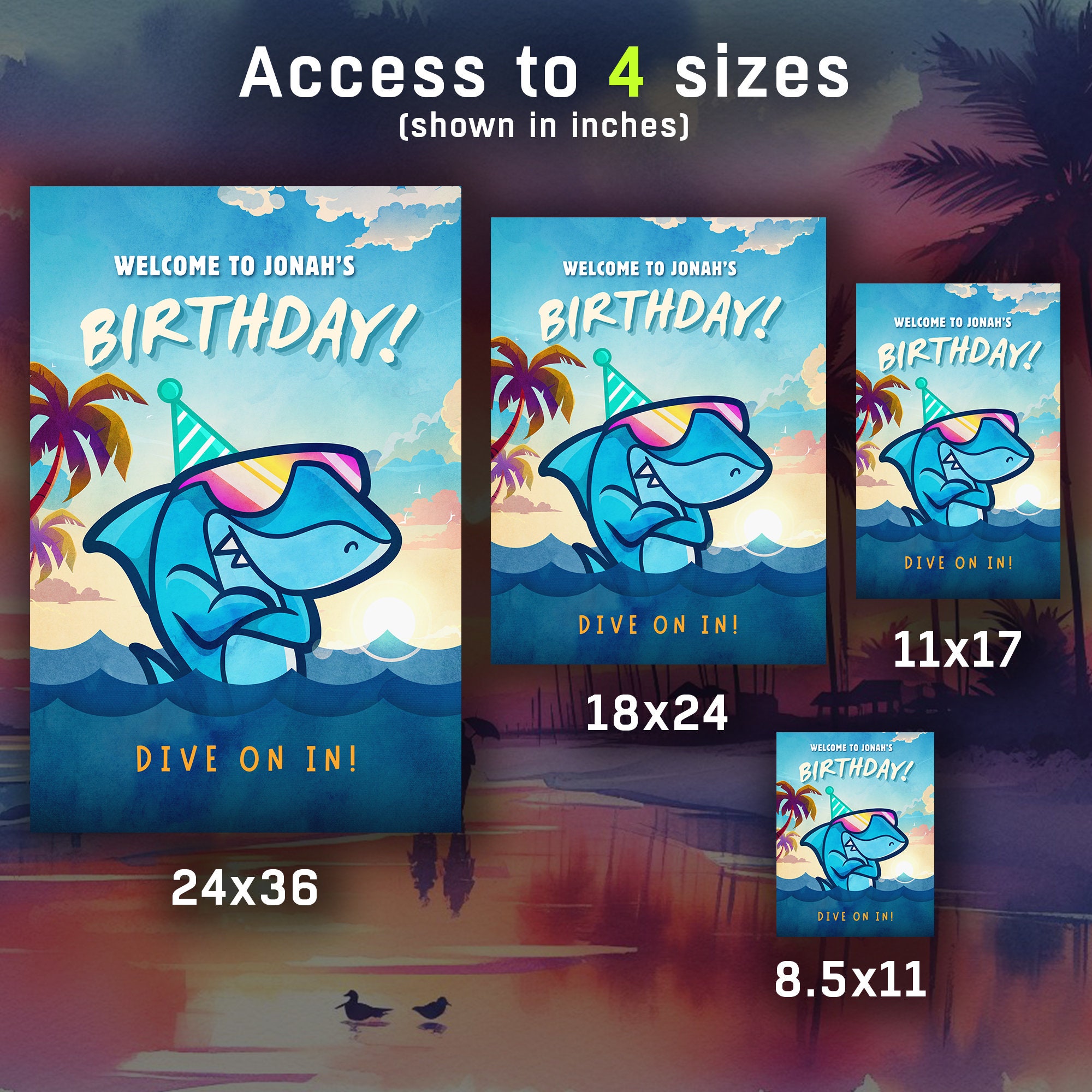 Editable Shark Birthday Welcome Sign - Beach Themed Birthday Invite ...
