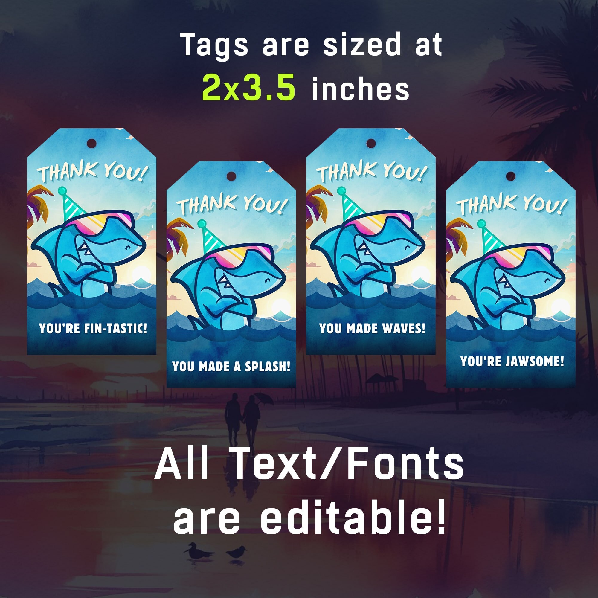 Editable Shark Birthday Thank You Tags - Beach Themed Birthday Invite ...