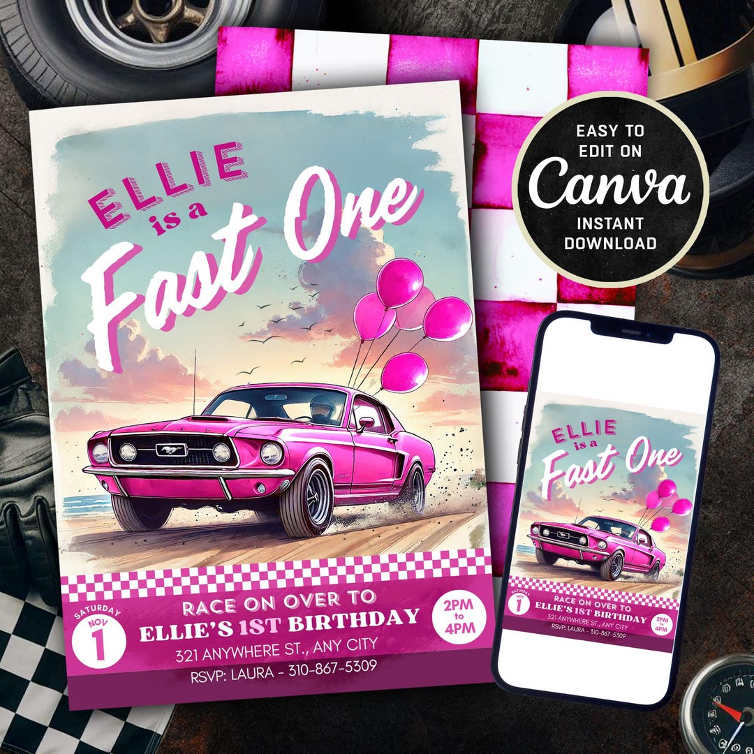 Editable Girls Fast One Birthday Invitation - Race Car Theme - 1st ...