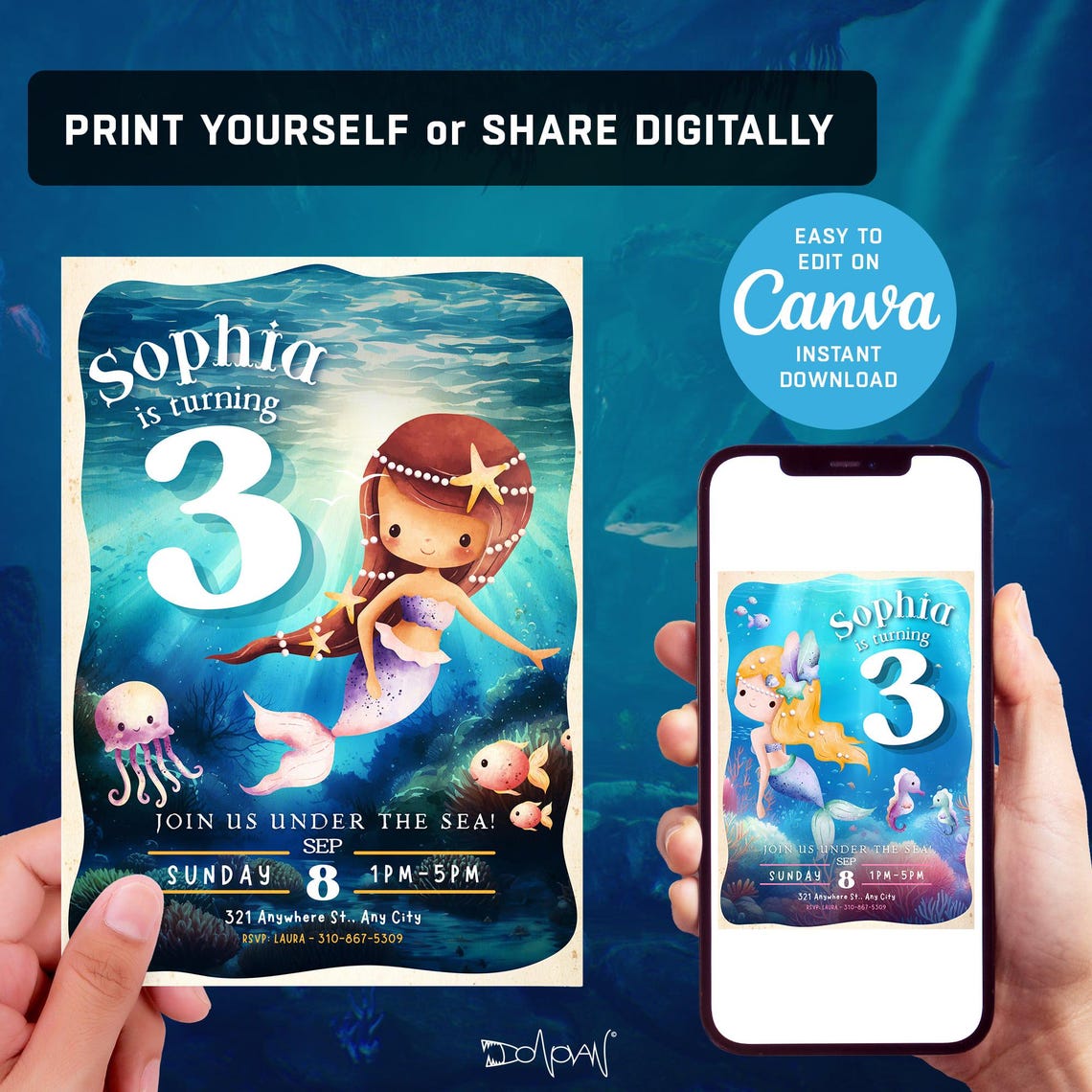 Customizable Watercolor Mermaid Birthday Invitation Girls Birthday ...