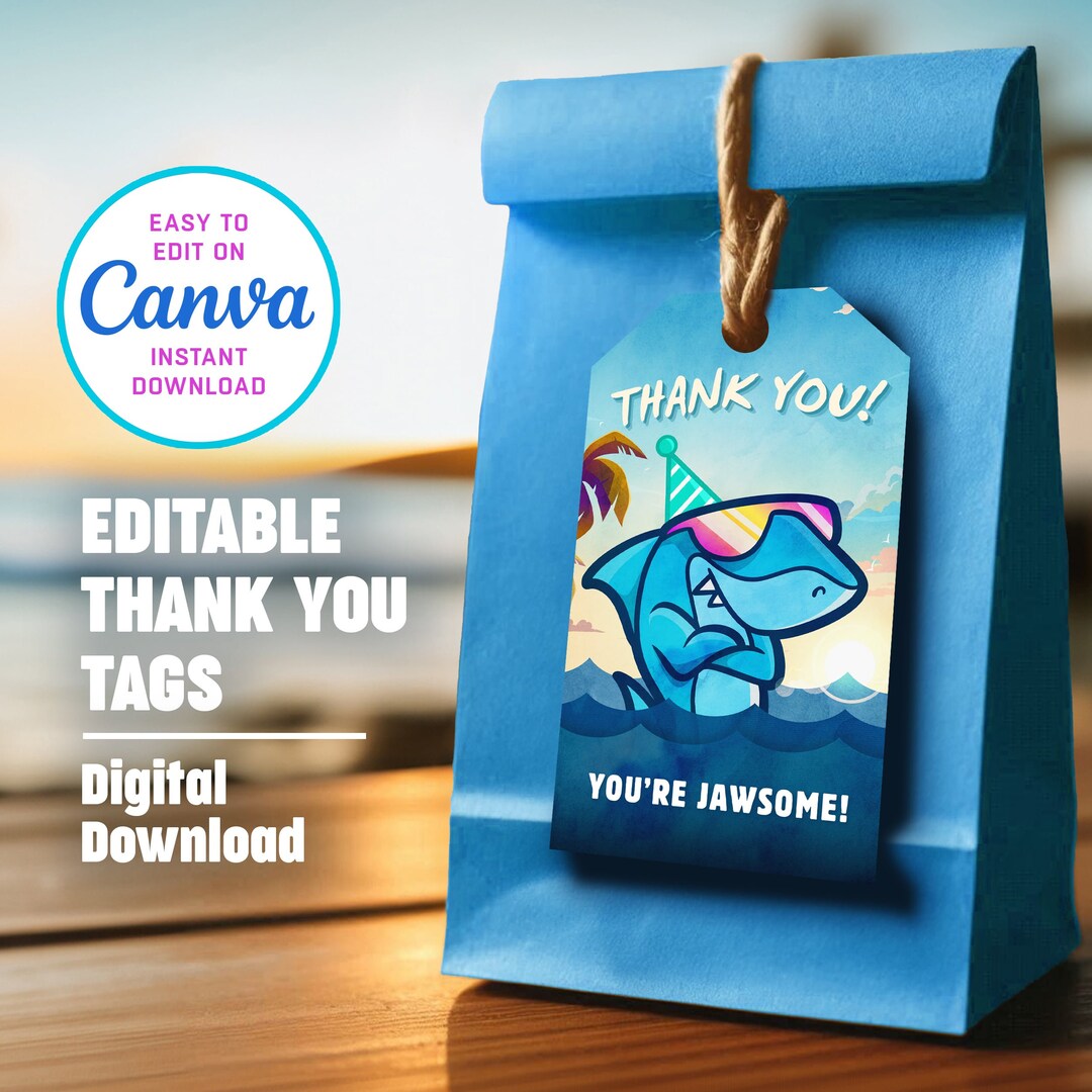 Editable Shark Birthday Thank You Tags - Beach Themed Birthday Invite ...