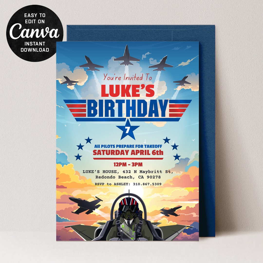 Editable Fighter Pilot Birthday Invitation Jet Pilot Theme Digital ...