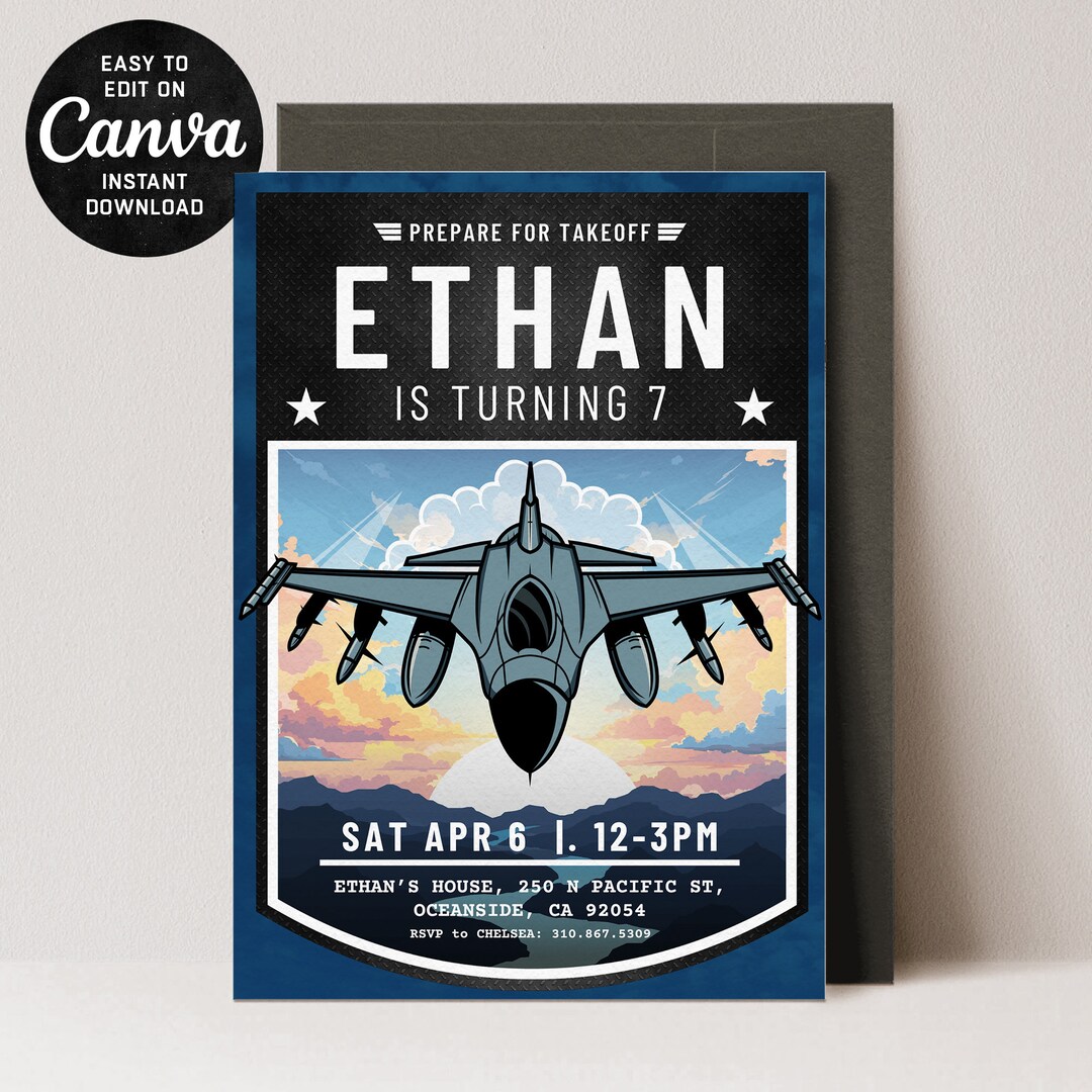 Editable Fighter Pilot Birthday Invitation - Jet Pilot Aviation Theme ...