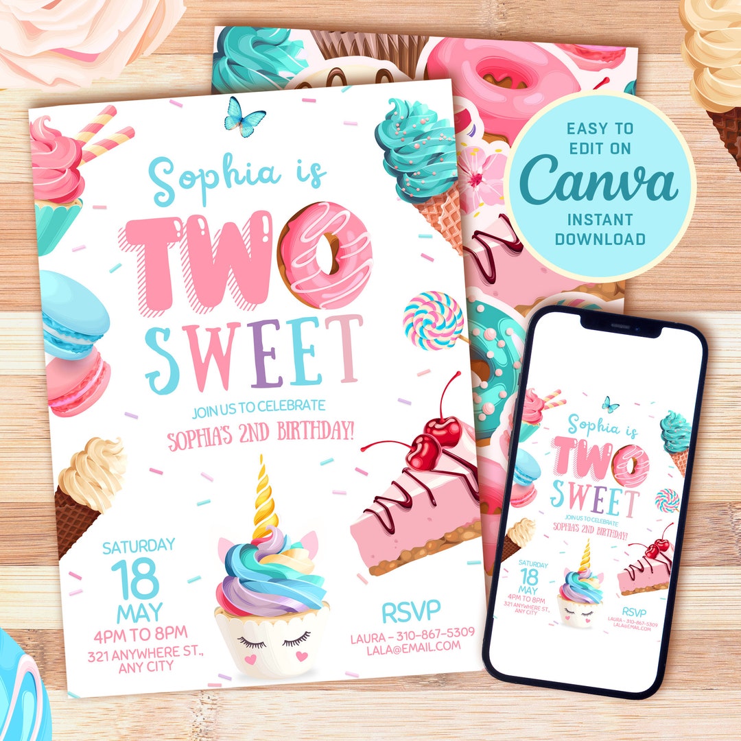 Editable TWO Sweet Birthday Invitation - Personalized 2nd Birthday ...