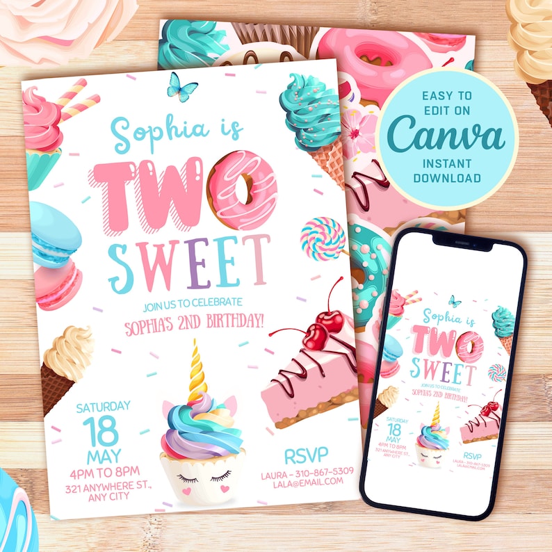 Editable TWO Sweet Birthday Invitation Personalized 2nd Birthday Invite ...