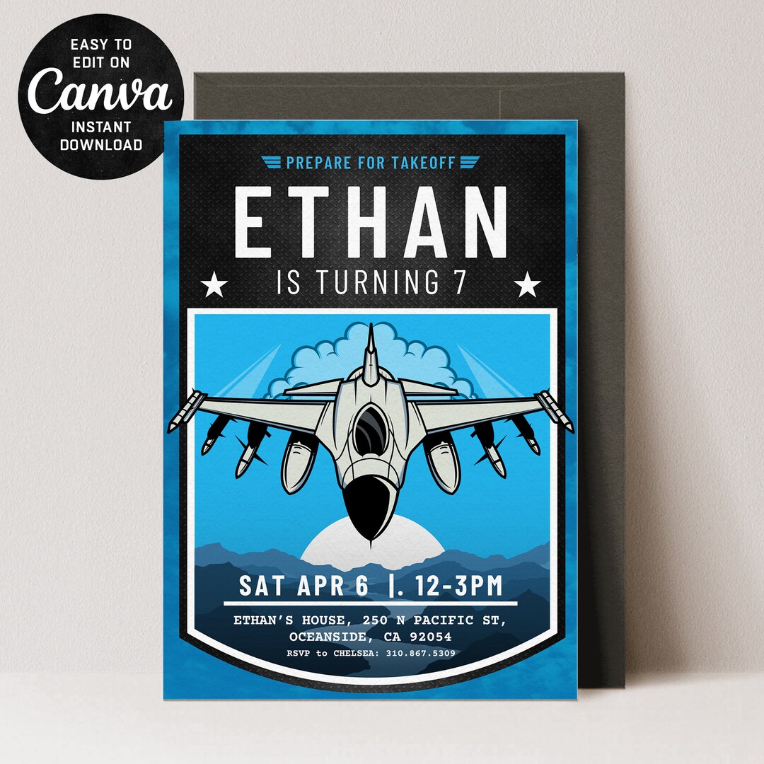 Editable Fighter Pilot Birthday Invitation - Jet Pilot Aviation Theme ...