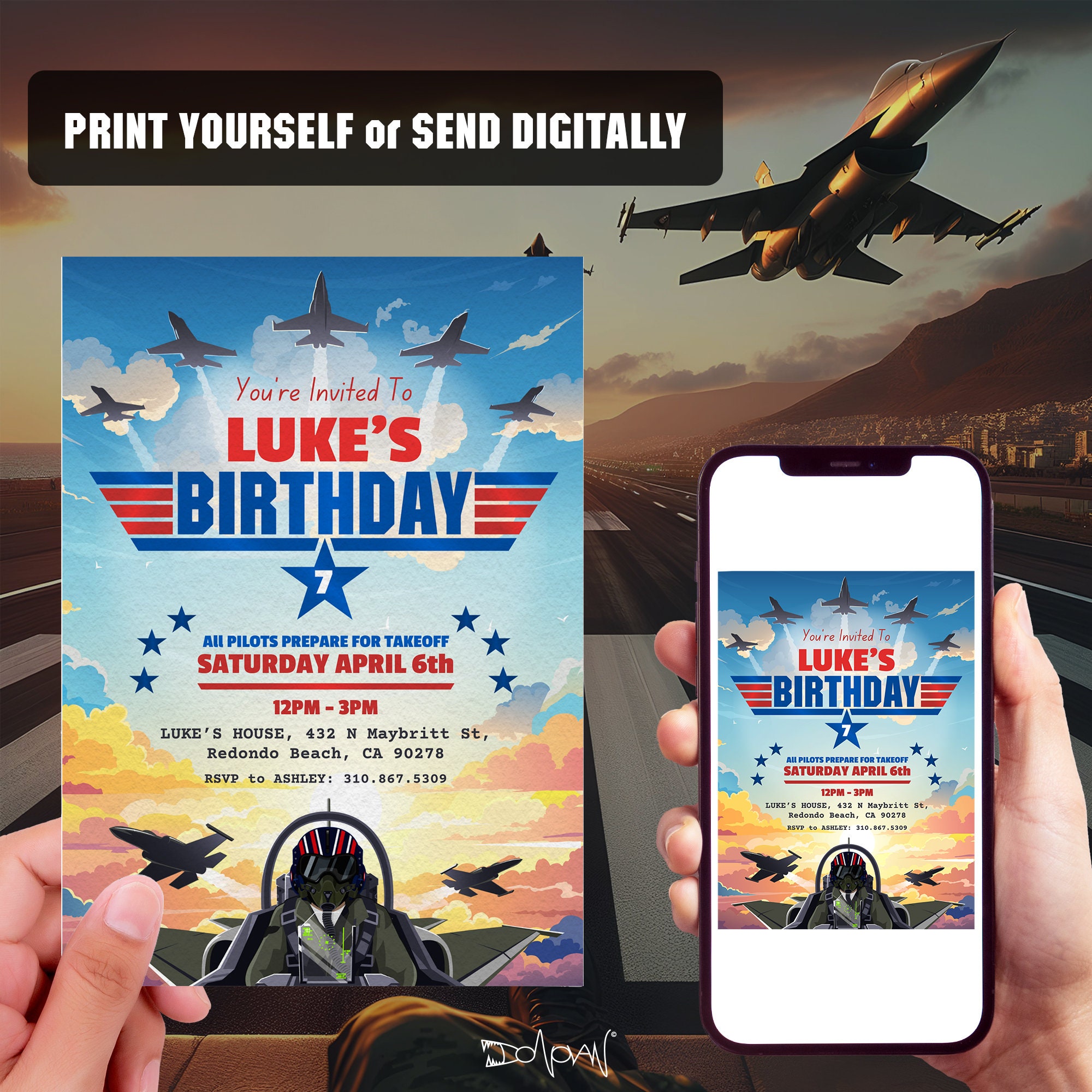 Editable Fighter Pilot Birthday Invitation Jet Pilot Theme Digital ...