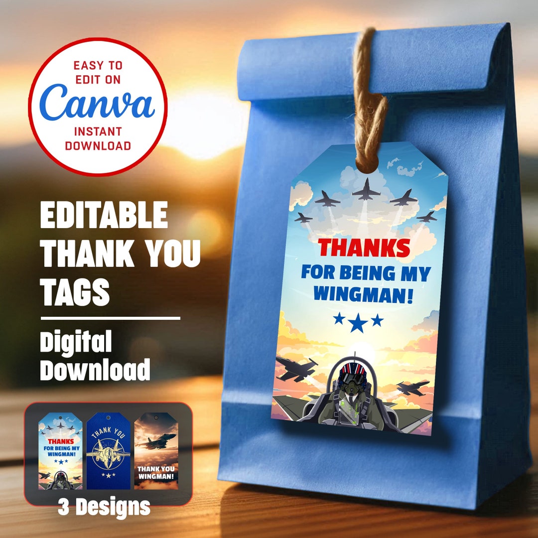 Editable Fighter Pilot Birthday Thank You Tags - Jet Pilot Theme ...