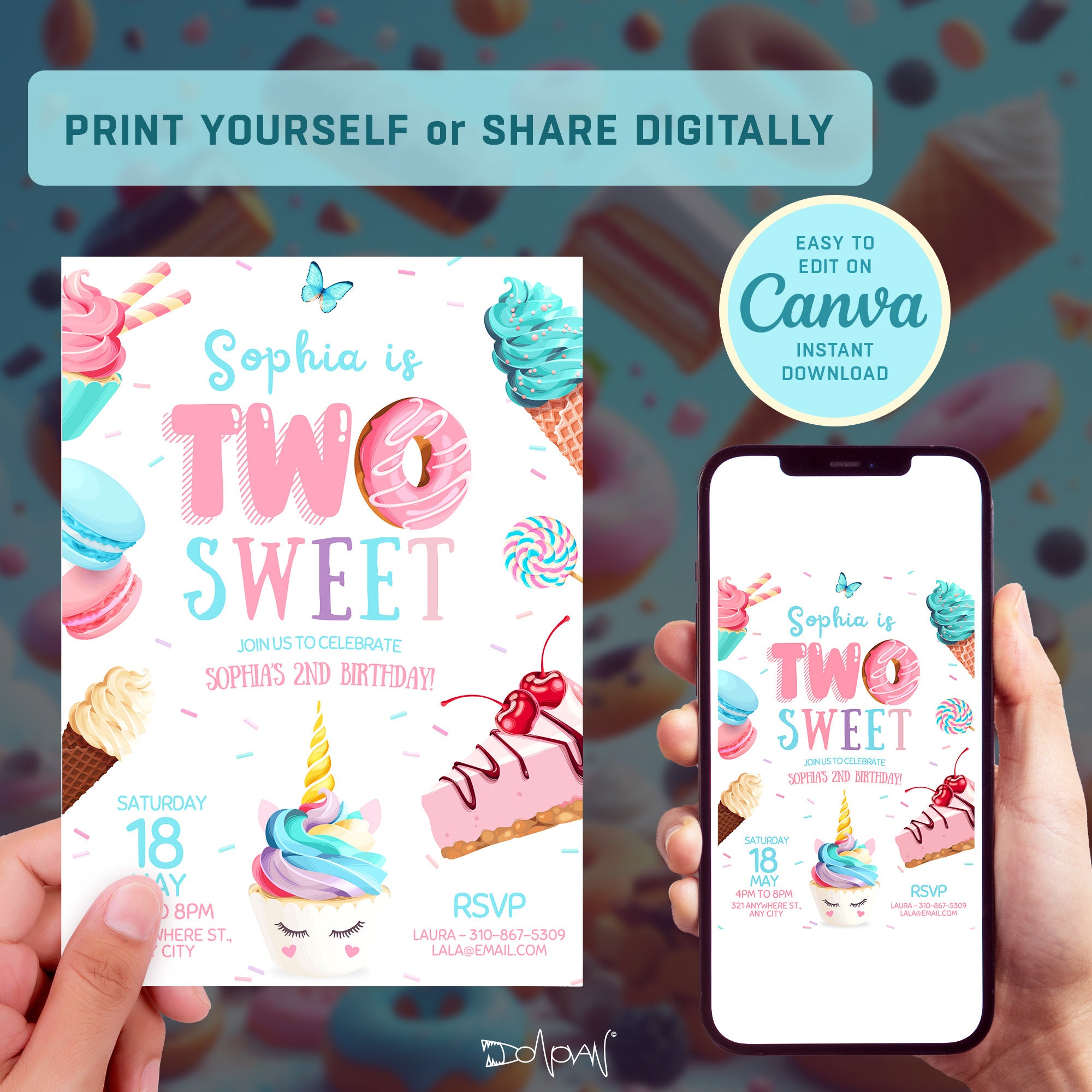 Editable TWO Sweet Birthday Invitation Personalized 2nd Birthday Invite ...