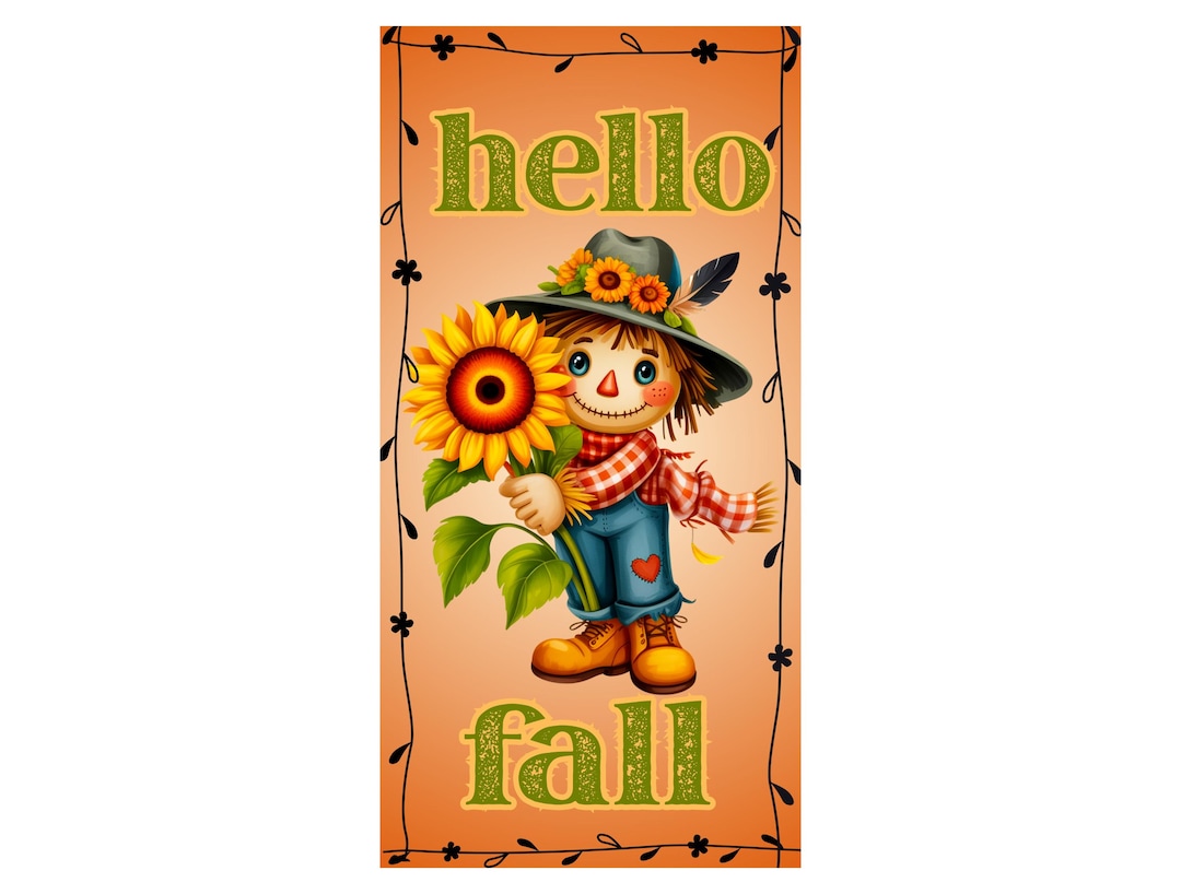 Hello Fall Scarecrow Sign - 6x12” Aluminum No Hole Autumn Wreath or ...