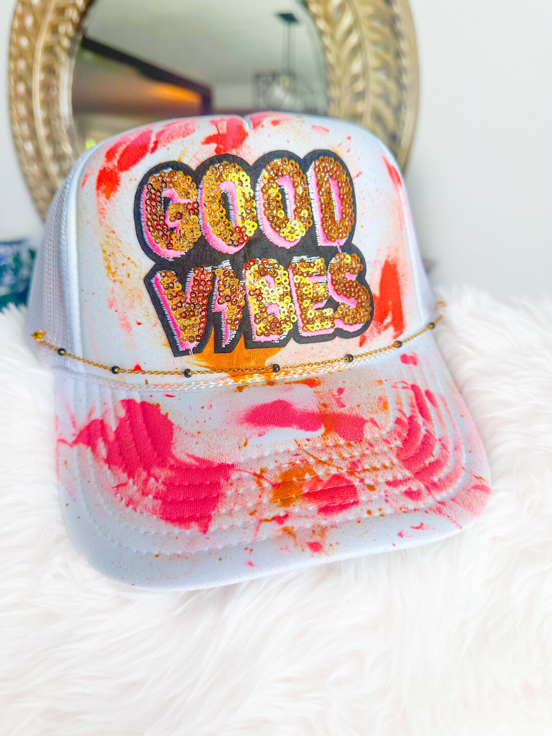 Good Vibes Retro Painted Trucker Hat, Patch Trucker Hat, Trucker Hat ...
