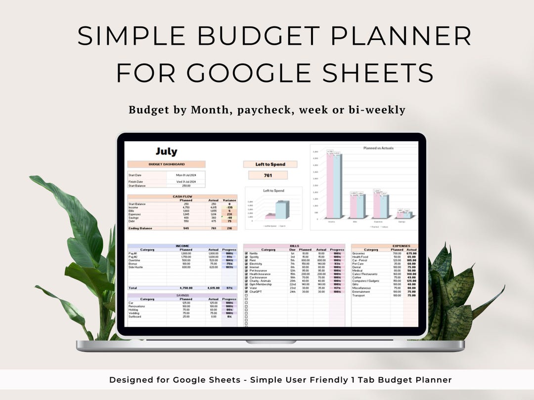 Simple Monthly Budget Planner, Google Sheets. Easy Spreadsheet. 1 Tab ...