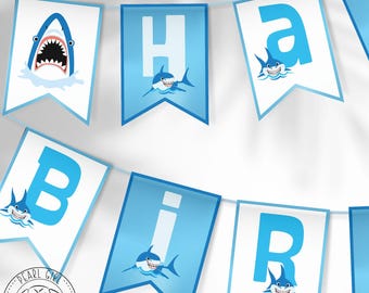 EDITABLE Shark Pennant Banner Instant Download Shark Birthday Banner ...