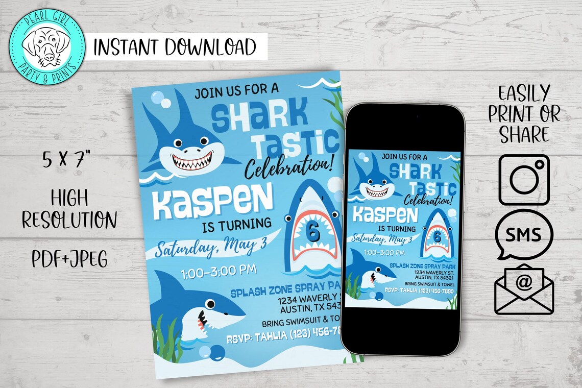 Editable Shark Birthday Invitation: Shark Party, Canva Template ...